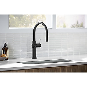 KOHLER 22972-BL Crue Pull Down Kitchen Faucet, Kitchen Sink Faucet with Pull-Down Sprayer, Pull-Down Kitchen Sink Faucet with Multi Function Spray Head, Matte Black