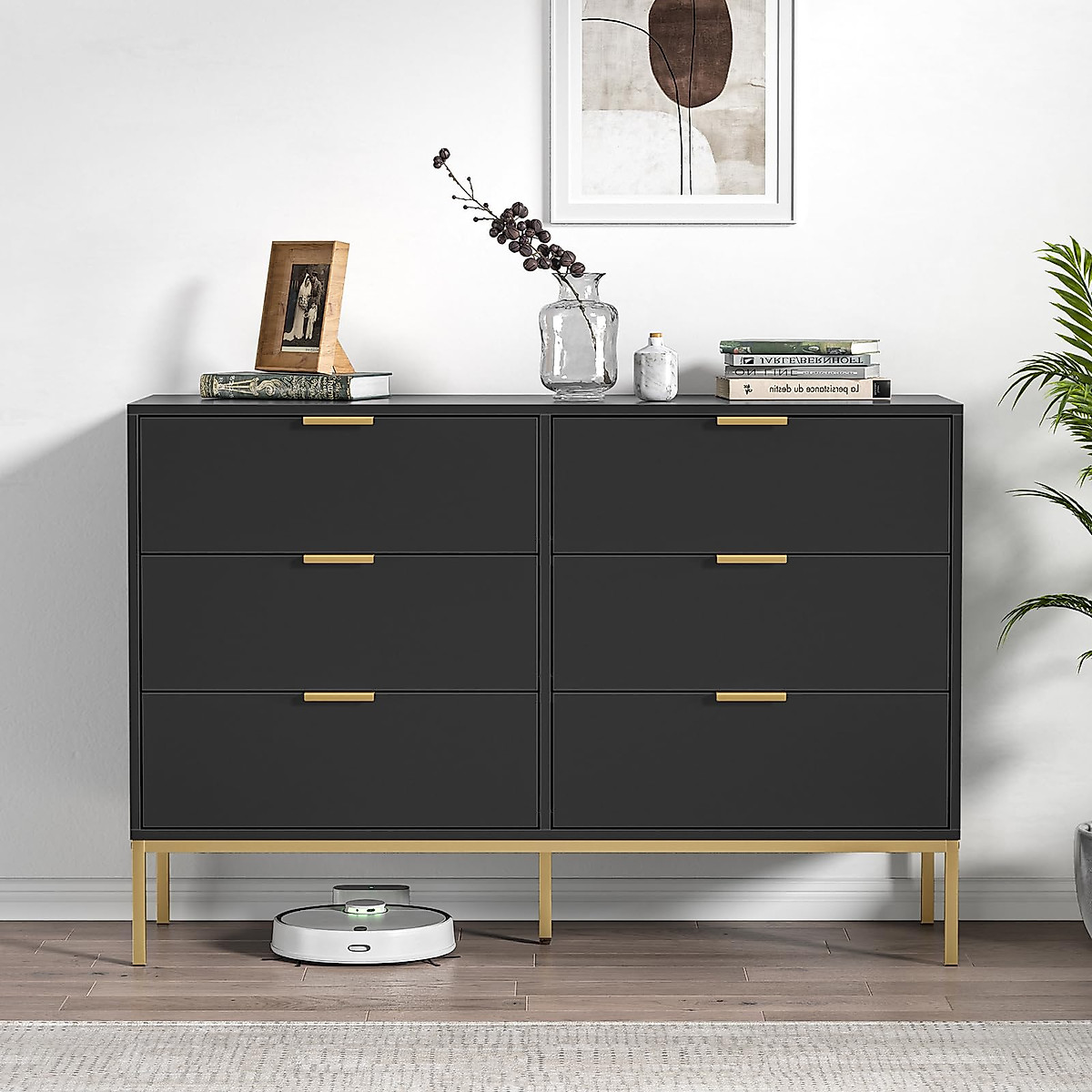 Anmytek Modern 6 Drawer Dresser, Black Dressers for Bedroom, Chest of Drawers Closet Organizers and Wood Storage Clothes, Black Dresser with Golden Handles for Living Room, Hallway