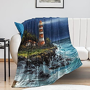 Lighthouse Blanket Lighthouse on Beach Seaside at Starry Night Fleece Throw Blankets, Super Soft Lighthouse Decor Winter Warm Sofa Bed Blanket, Lighthouse Gifts for Women Men Adults Kids, 50"X40"