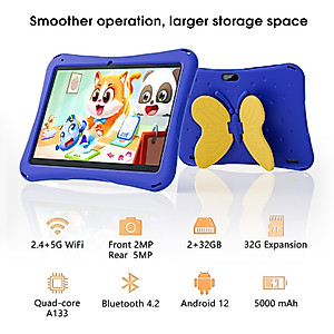 SGIN 10 Inch Tablet for Kids, Android 12 Kids Tablet with Kids Case, 2GB RAM 64GB ROM, 5000mAh, 1280 * 800 Display, Dual Camera, WiFi, Educational Games, Yellow Butterfly Handle