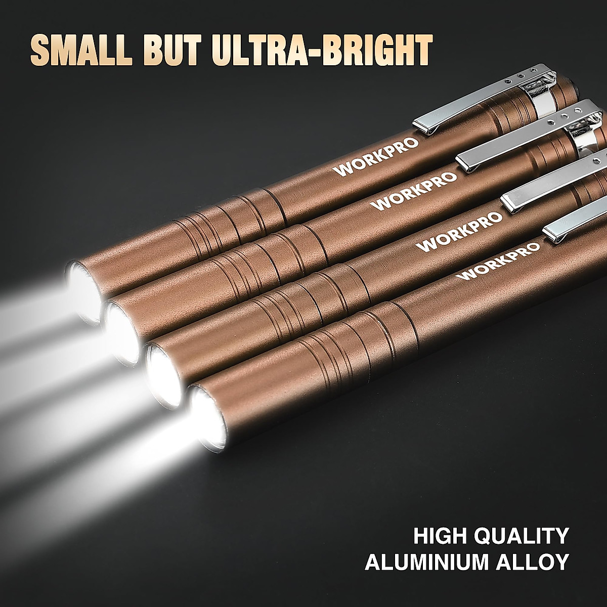 WORKPRO LED Pen Light, Aluminum Pen Flashlights, Pocket Flashlight with Clip for Inspection, Emergency, Everyday, 2AAA Batteries Include, Brown(4-Pack)