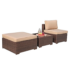 Patiorama 3 Piece Patio Furniture Set, Outdoor Sectional Sofa, PE Wicker Rattan Conversation Set, All Weather Armless Chair and Ottoman with Coffee Table, Brown Wicker Beige Cushion