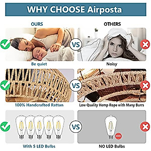 Dimmable Ceiling Fans with Lights and Remote, Rattan Ceiling Fan with 5 Bulbs, Enclosed Low Profile Flush Mount Ceiling Fan w/Reversible Blades/Memory Function/6 Speeds/Timing for Bedroom Living Room