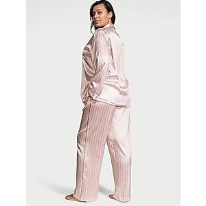 Victoria's Secret Satin Pajama Set, Long Sleeve Button Down & Pant Set, Sleepwear for Women, Pink Iconic Stripe (XS)