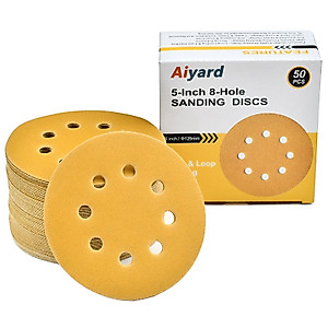 Aiyard 5-Inch 8-Hole Hook and Loop Sanding Discs 220-Grit Random Orbit Sandpaper, 50-Pack