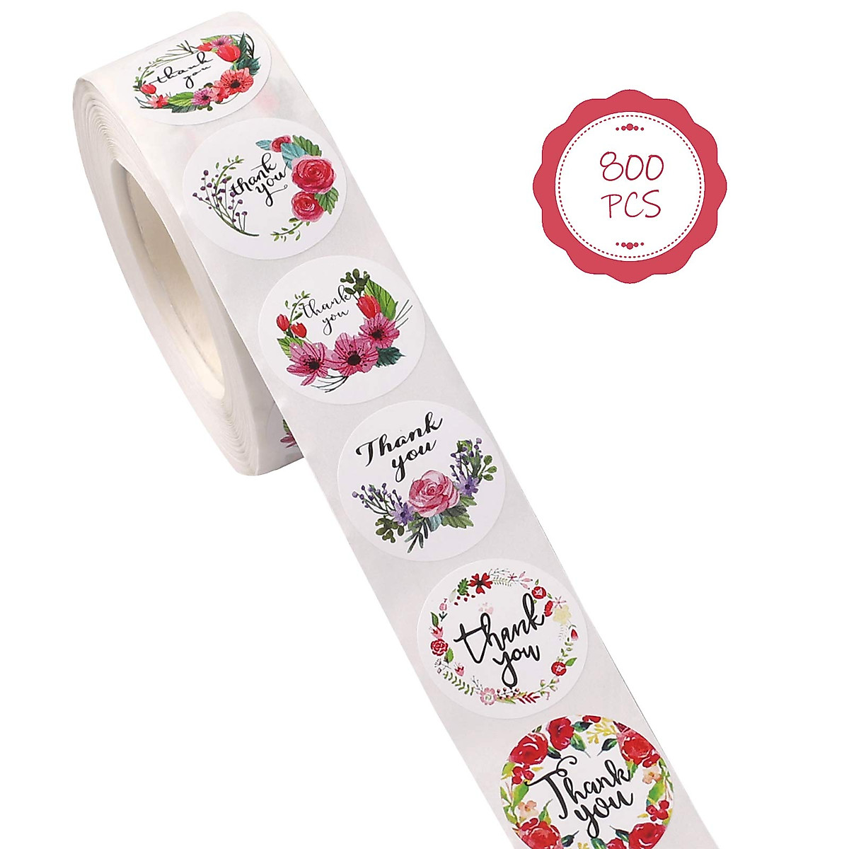800 Pcs Round Floral Thank You Stickers Roll, 8 Different Design, 1 Inch Thank You for Your Business Stickers for Wedding, Bakeries, Handmade Goods, Small Business Owners, Party