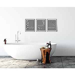 Relax, Breathe, Unwind Bathroom Wall Decor - Set of 3-8"x10" UNFRAMED Prints - Modern, Minimal, Boho, Zen Black And White Art - Bathroom Wall Art (Grey Background)