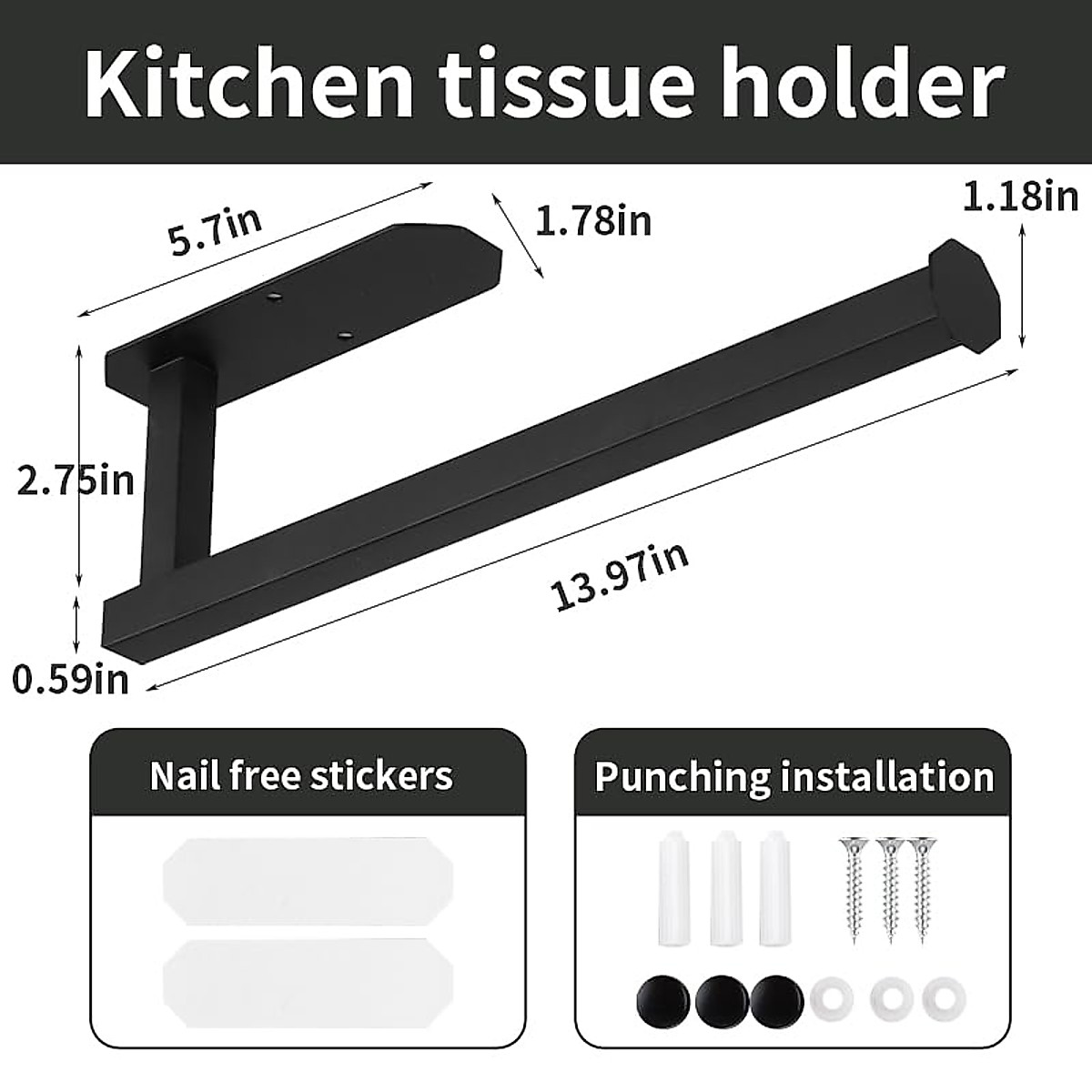 Paper Towel Holder Under Cabinet - Sturdy 304 Stainless Steel Kitchen Paper Towel Holder Wall Mount, Drilling or Self Adhesive Paper Towel Holder for Kitchen, Bathroom, Black