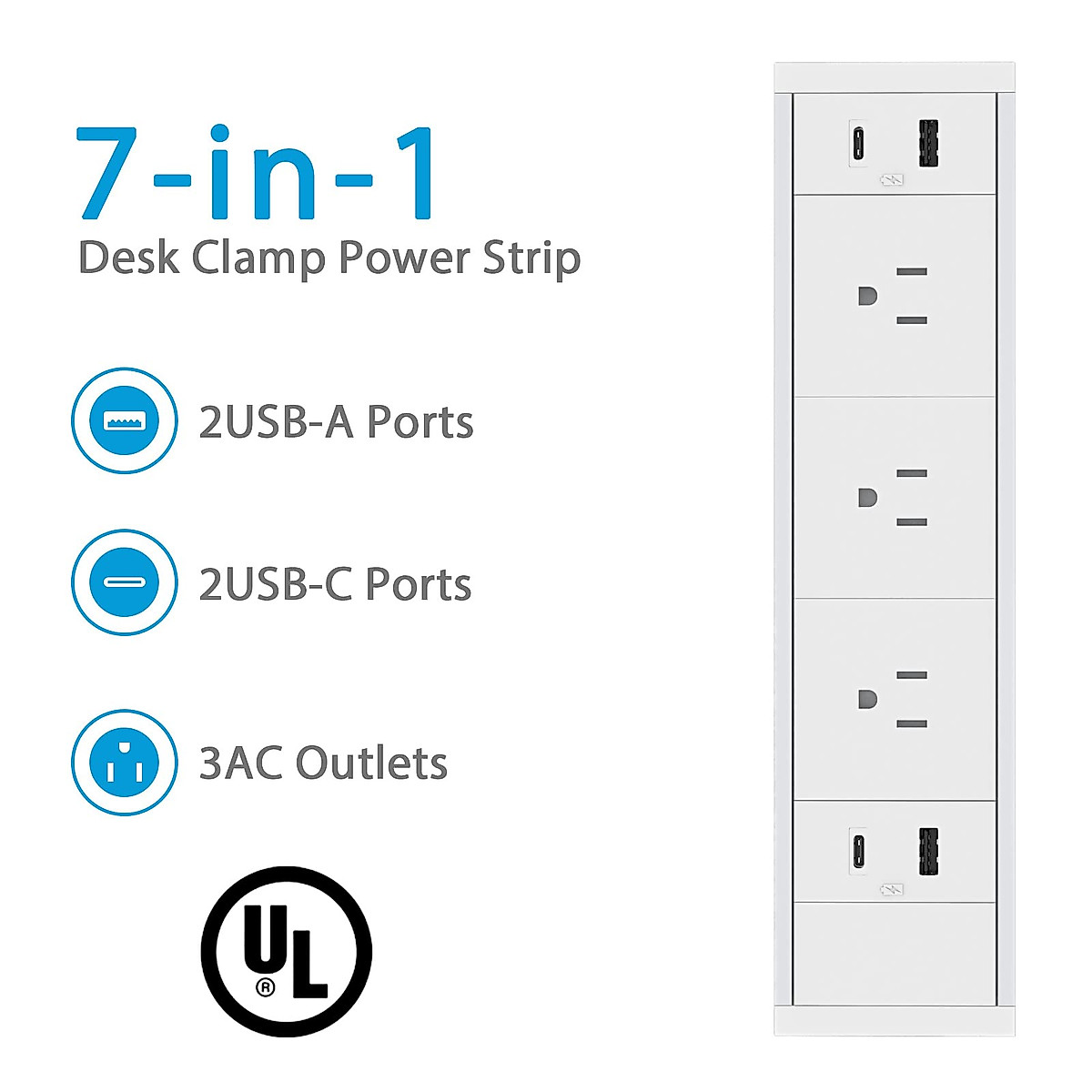 Desk Clamp Power Strip, 1875W Desktop Power Strip for Desk Edge Mount, 2 USB A, 2 USB C Ports, 3 AC Outlets Widely Spaced Desk Outlet Station, Fast Charging Ports, Table Desk Outlet for Home, Office.