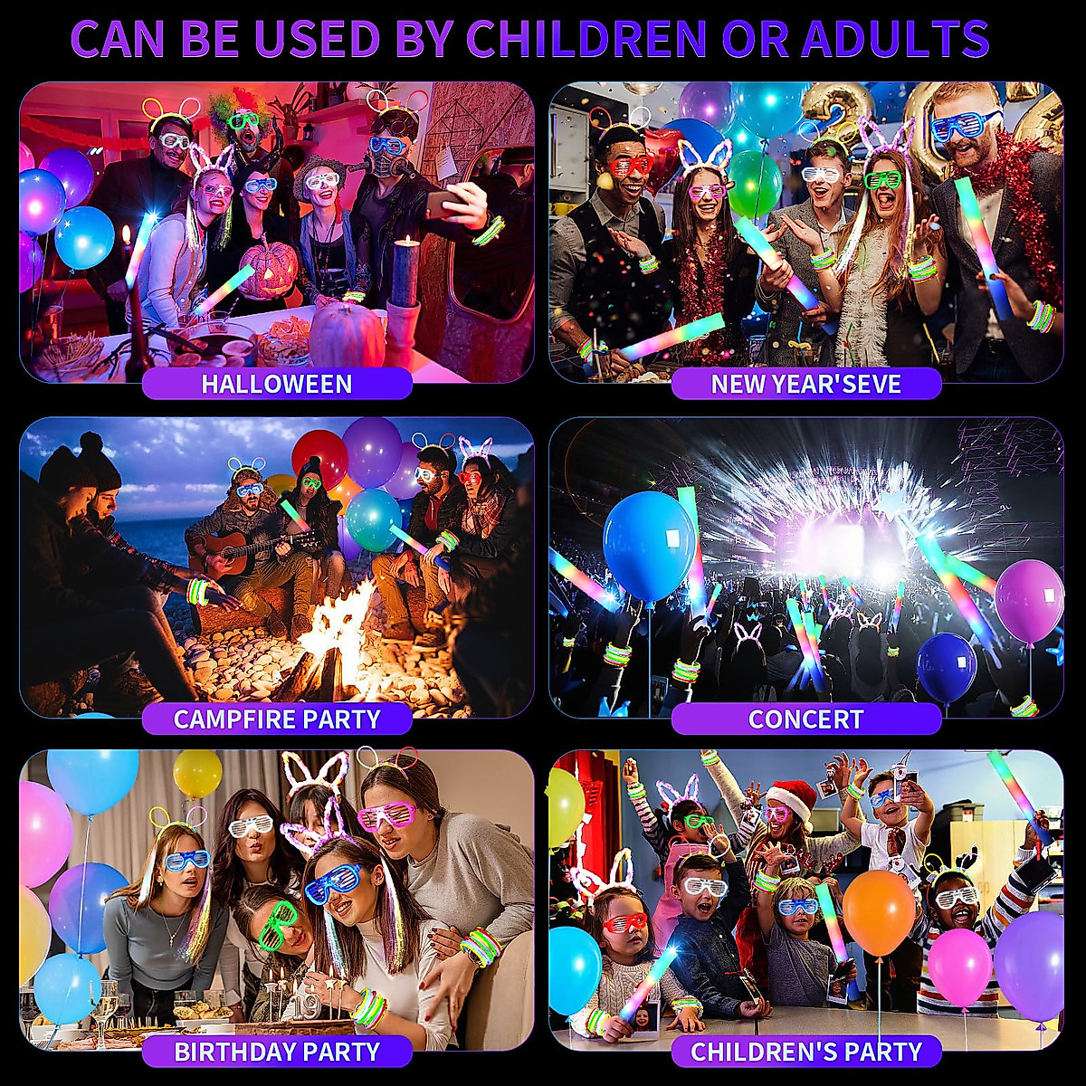 373 Pcs Glow in the dark party supplies For Adults Kids Glow Sticks neon party decorations with 10 LED Glasses 10 LED Cat & Rabbit Ear Headband 30 LED Bracelets & finger lights for Christmas Halloween