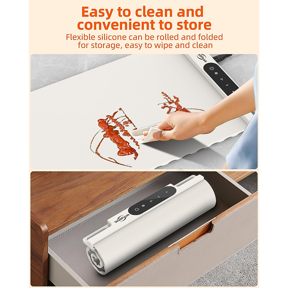 WELLPEAK Electric Warming Mat for Food, Multi-Functional Silicone Roll-up Warmer Fast Heating Tray with 3-Level Temperature Settings, Auto-Off Protection, Safe for Countertops & Tables, White