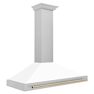ZLINE 48 in. Autograph Edition Convertible Fingerprint Resistant DuraSnow® Stainless Steel Range Hood with White Matte Shell and Polished Gold Handle (KB4SNZ-WM48-G)