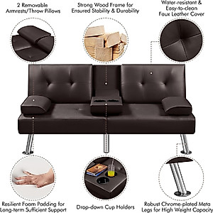 Convertible Folding Futon Sofa Bed Sleeper Couch for Living Room, Modern Faux Leather Upholstered Loveseat w/Removable Armrests, Metal Legs, 2 Cup Holders, Love Seat Sofa Bed for Small Spaces (Brown)