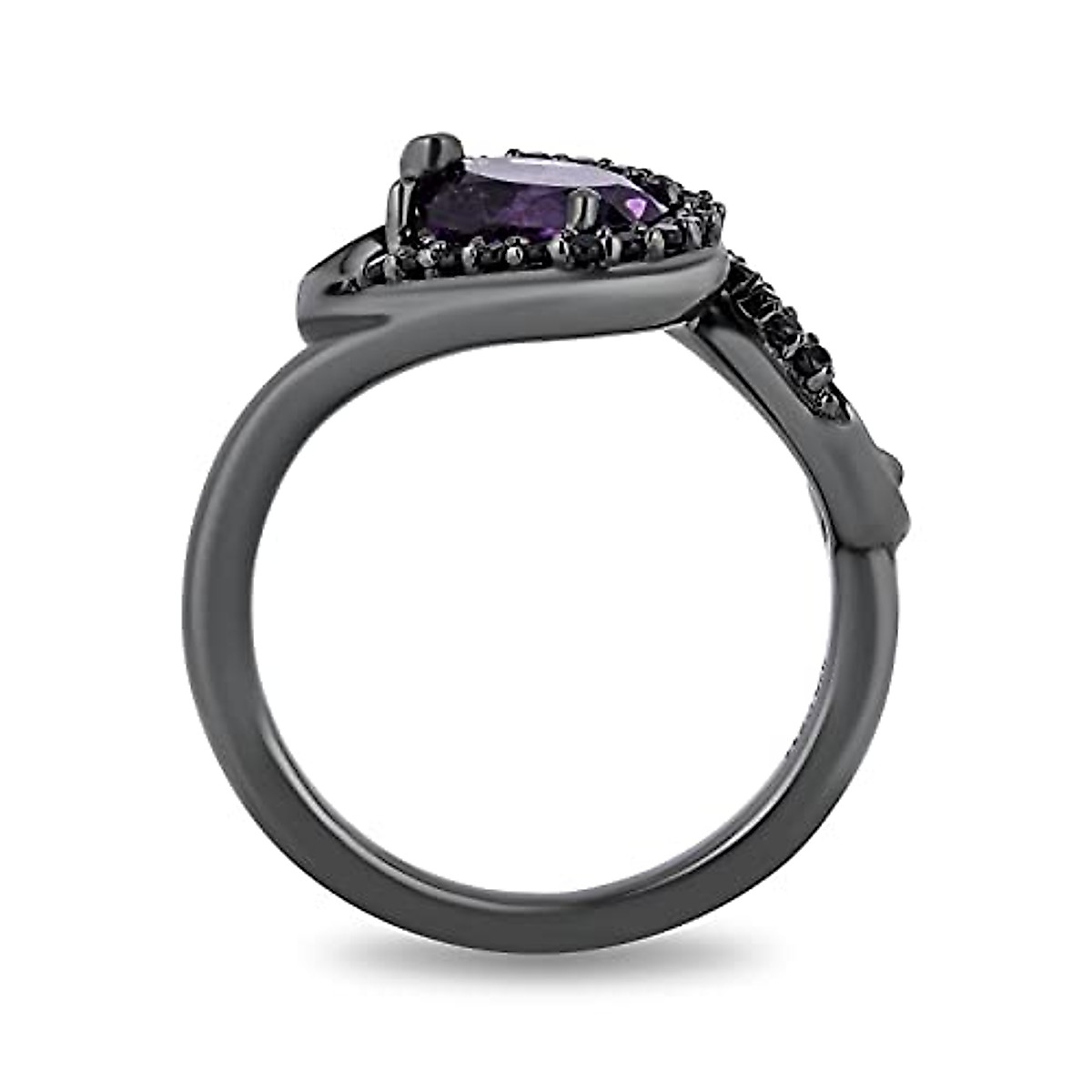 Jewelili Enchanted Disney Fine Jewelry Black Rhodium over Sterling Silver 8x6 MM Oval Shape Amethyst and 1/5 Cttw Treated Black Diamond Ursula Ring, Size 7