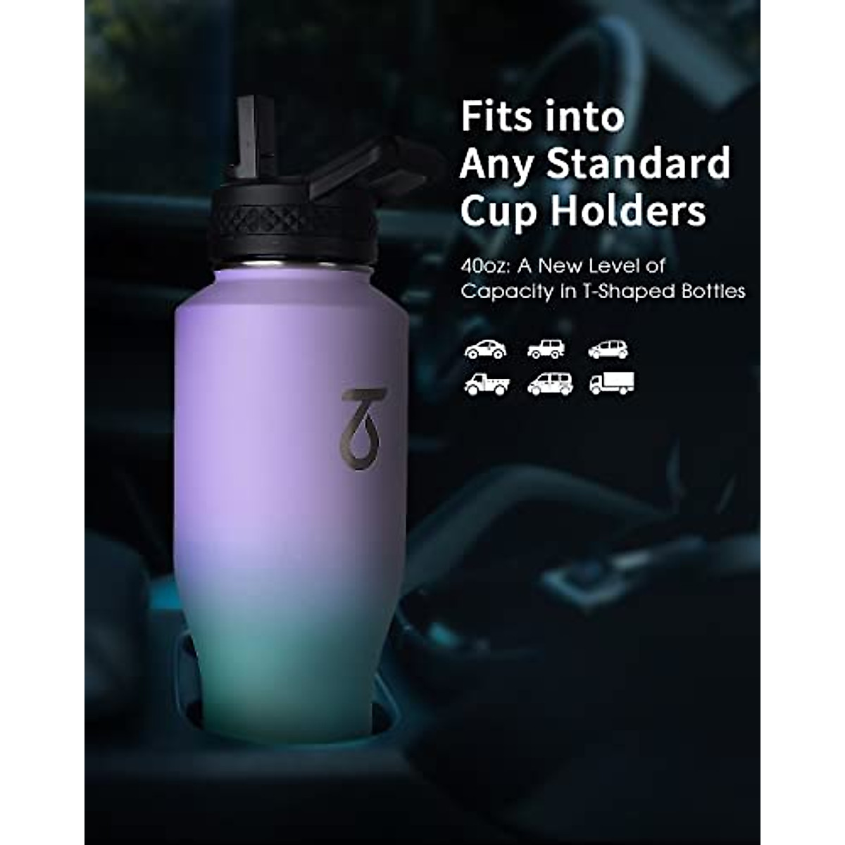 Trebo 40oz Insulated Water Bottle that Fits in Cup Holder, Stainless Steel Double Wall Tumbler Bottles with Paracord Handle, Flask with Straw Spout Lids, Keep Cold for 48 Hrs/Hot 24 Hrs,Cotton Candy