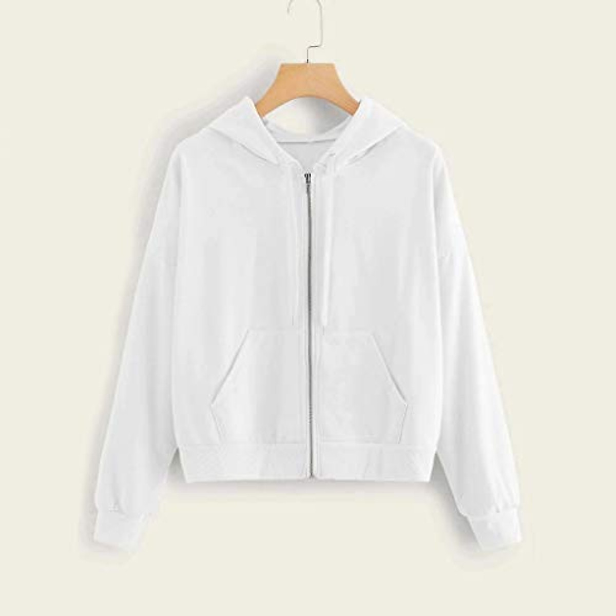 ESKNAS Women Hoodies Autumn Solid Long Sleeve Short Hooded Sweatshirt Zipper Pocket Hoody Jacket(C White,S)