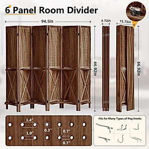 ALeesing 6 Panel Pegboard Display with 24 Hooks, Wooden Pegboard Room Divider Wall with Shelf, Rustic Room Dividers and Folding Privacy Screens, Bedroom, Jewelry Store, Brown
