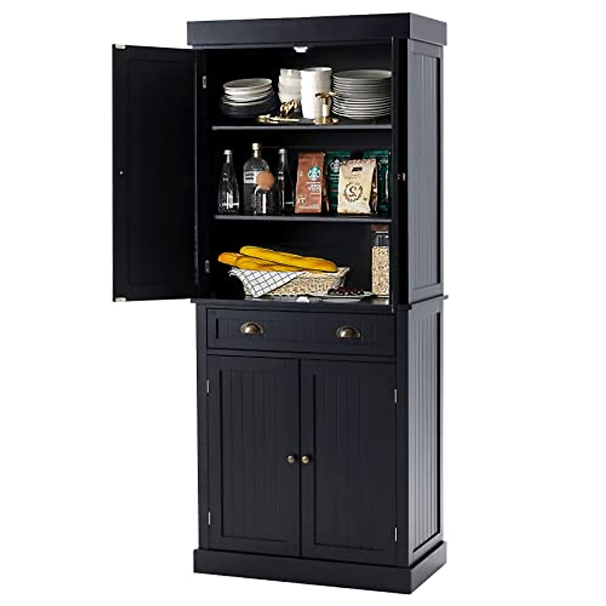 YOLENY Kitchen Pantry, 72” Freestanding Storage Cabinets with Doors and Shelves, Elegant Colonial Design Cabinet Cupboard with 3 Adjustable Shelves and 1 Storage Drawer,Black