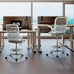 Drafting Chair, Tall Office Chair Tall Standing Desk Chair Counter Height Adjustable Office Chair for Standing Desk, Mid-back Mesh Drafting Chair with Flip-up Arms, Foot-ring, Wheels, Grey