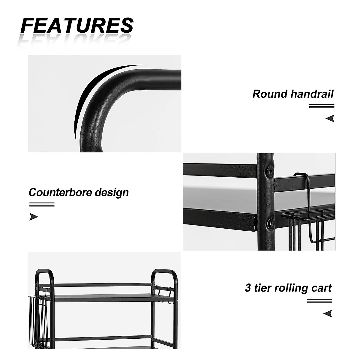 HDANI 3 Tier Metal Rolling Utility Cart,High Capacity Multi Purpose Heavy Duty Cart,for Office,Kitchen,Living Room,Bedroom,Etc.(Black)