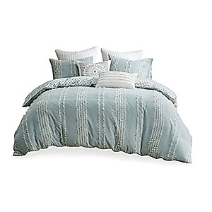 INK+IVY 100% Cotton Comforter Set Trendy Stripe Textured Design, Modern Down Alternative, All Season Cozy Bedding with Matching Shams, Full/Queen, Aqua Reversable Stripes