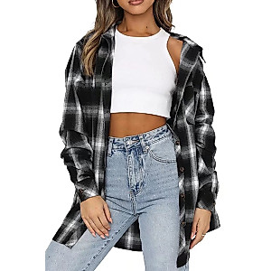 CHYRII Womens Button Down Flannel Shirts Long Sleeve Plaid Shacket Business Casual Tops Black S