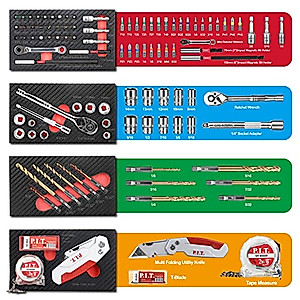 P.I.T. Portable 3 Drawer Steel Tool Box with 61-Pieces Mechanics Tool Set,Magnetic Locking, Red Hand Carry Tool Cases for Hand Tools Repair Tool Kit