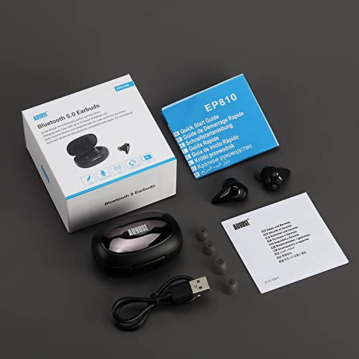 August True Wireless Earbuds EP810 - Bluetooth 5.0 True Wireless Stereo Headphones Touch Control with Type-C Charging Earphones Powerful Bass - iPhone and Android Compatible - Black