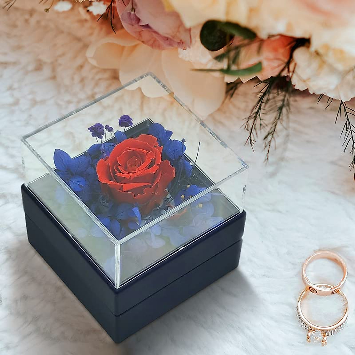 YAGELI Preserved Flower Ring Box for Wedding Ceremony - Acrylic Square Jewelry Box Double Ring Display Case Holder for Valentine's Day, Mother's Day, Gift for Her