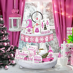 VIDELLY Christmas Tiered Tray Decor Set, 15 Pieces Wood Rustic Farmhouse Table Decor Pink Gnome Elk Snowflakes Bell Christmas Decorations