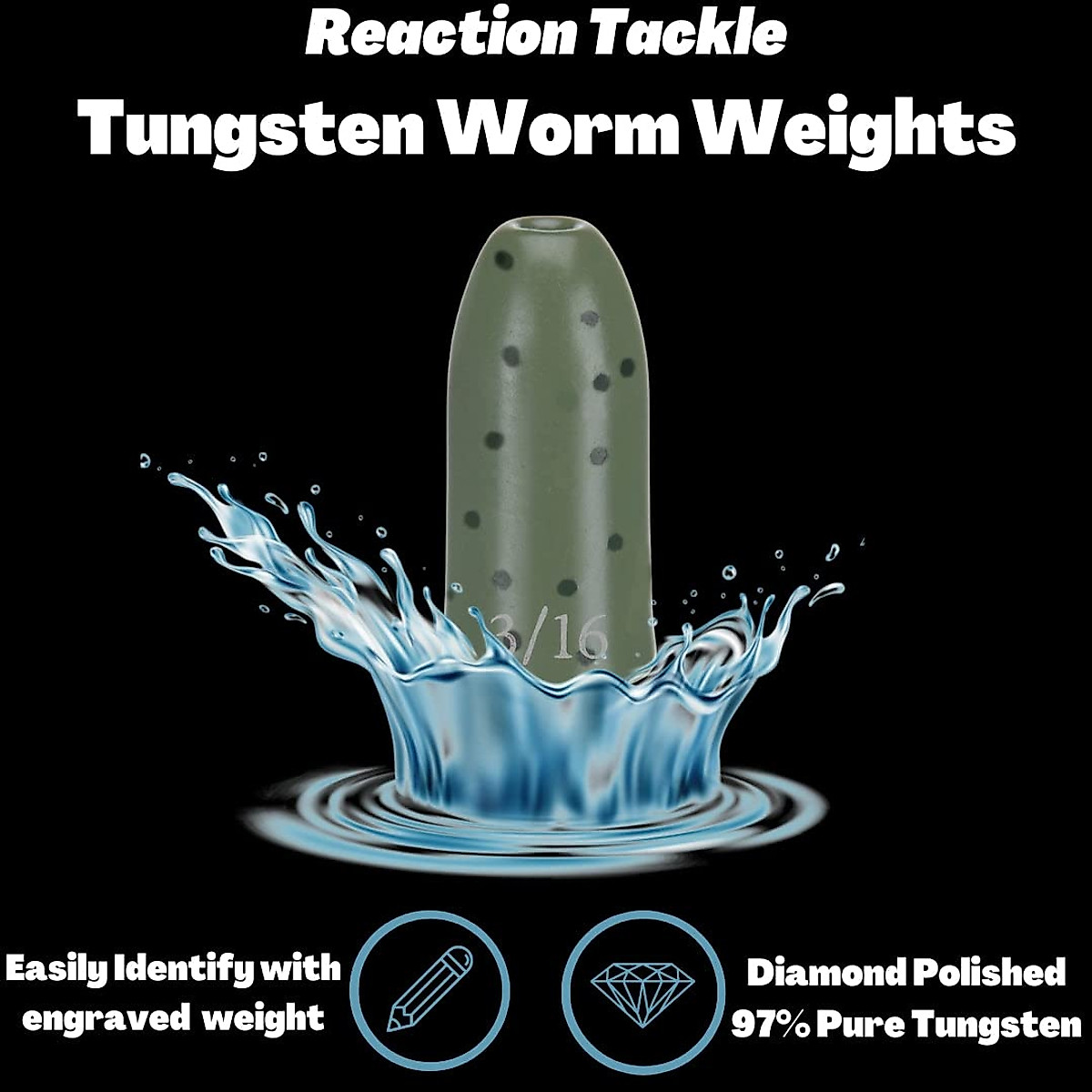 Reaction Tackle Tungsten Bullet Fishing Weights/Worm Sinkers for Bass Fishing - 1/16 Never Chip Green Pumpkin