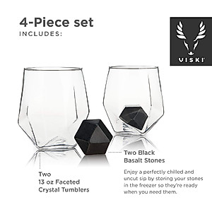 Viski 4-Piece Tumbler and Basalt Stone Set, Set of 2 Glasses, Rocks Glass with Whiskey Stones, Faceted and Hexagonal Design, Set of 4