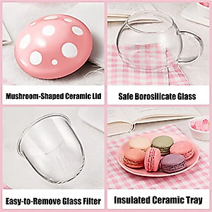 Aboyer Mushroom Cup Cute Glass Tea Cup with Infuser and Lid Kawaii Mushroom Mug Set Coffee Teapot with Ceramic Coasters 11oz (Orange)