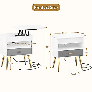 Cyclysio 35'' Nightstands Set of 2 with Reversible Lift Top, Large Night Stand with Lights, Tall Bedside Table with Charging, White Modern Side Table
