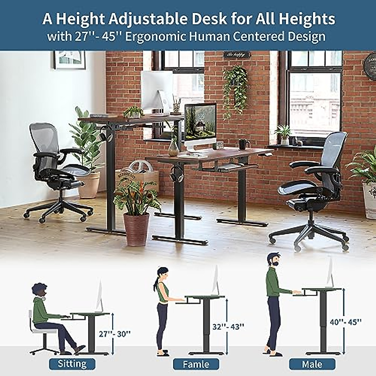 BANTI 48" x 24" Height Adjustable Electric Standing Desk with Keyboard Tray, Sit Stand up Desk with Splice Board, Black Frame/Expresso Top