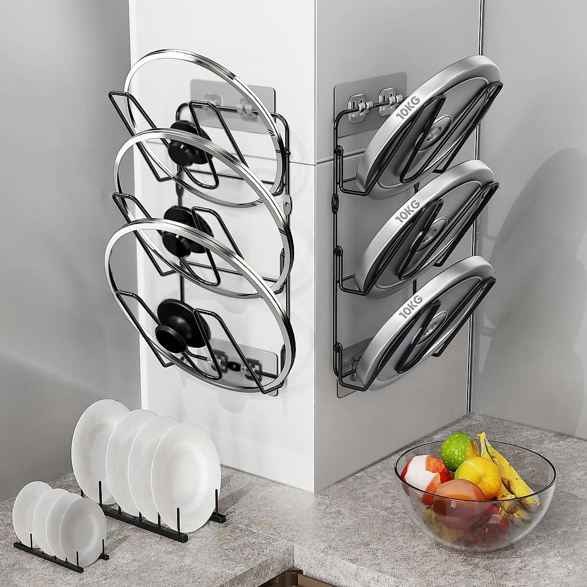 YIGII 6 Tier Pot Lid Organizer/Pot Lids Holder, 2 Pack Pot Lid Rack No Drilling Lid Rack for Cabinet Door or Wall Mounted, for Kitchen Pots And Pans Cover Storage, Black