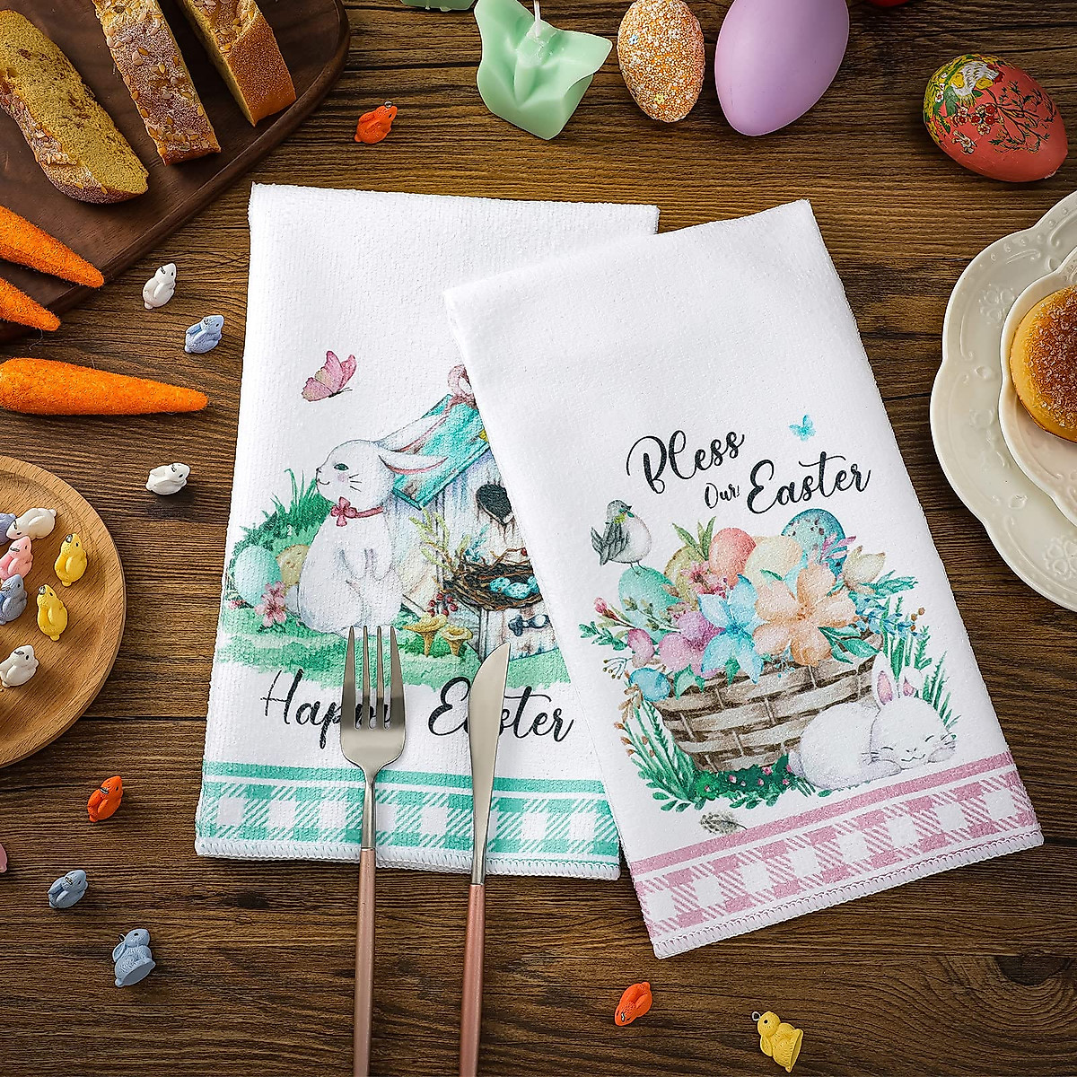 4 Pcs Easter Kitchen Towels Bunny Gnome Easter Dish Towels Easter Egg Farmhouse Hand Towels Easter Kitchen Decor Spring Flowers Blessings Dishcloths Housewarming Gifts for Bathroom Home Decorations