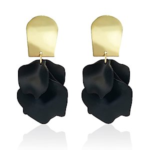 Just Follow Rose Petal Dangle Earrings Fashion Boho Acrylic Flower Earrings Large Statement Resin Floral Earrings for Women Lady Bridal Great for Pageant Prom Gifts With Gift Box (Black)