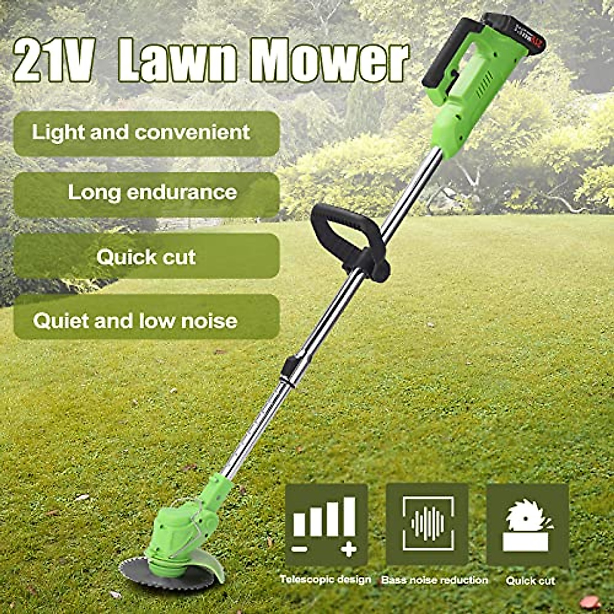 dsfen Electric Lawn Mower Rechargeable Li-ion Battery Cordless Grass Trimmer Auto Release Household Portable Garden Home Trimming Machine for Gardening Green