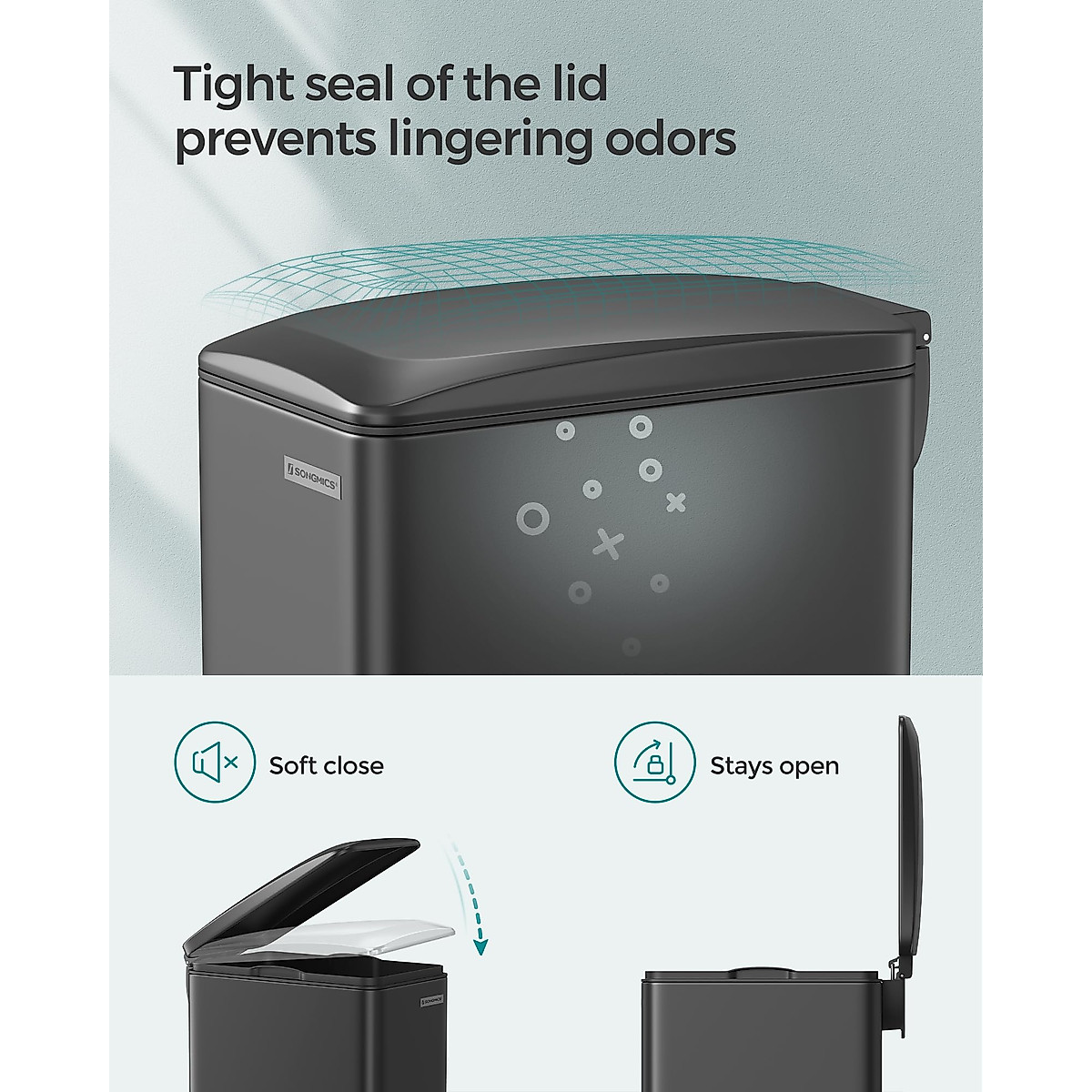 SONGMICS Slim Trash Can, 12.7-Gallon (48 L) Garbage Can for Narrow Spaces with Soft-Close Lid, Inner Bucket, and Step-on Pedal, Stainless Steel, 15 Trash Bags Included, Black ULTB510B48