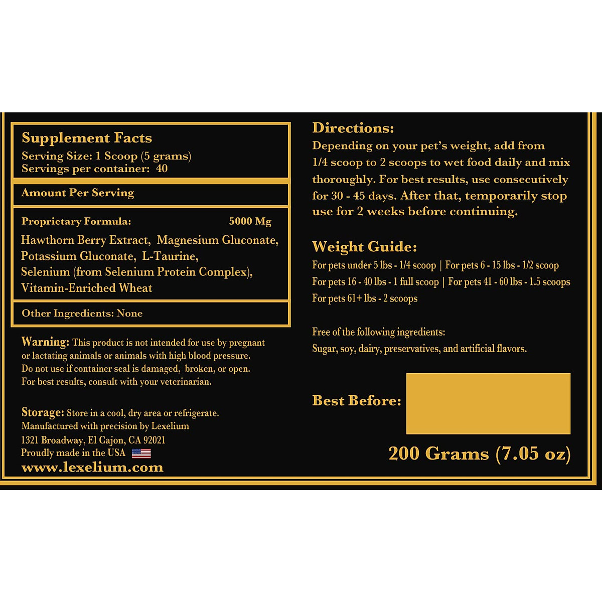 Lexelium Heart Supplement for Dogs and Cats - Provides Cardiovascular & Circulatory Support & Keeps Hearts Healthy with Taurine – Optimizes Heart Function & Circulation - Easy to Mix Powder - 200g