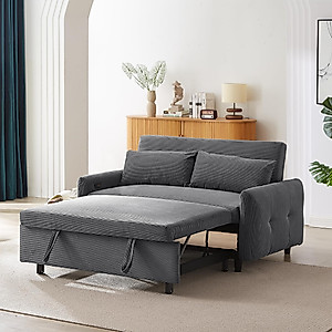 Modern Convertible Pull-out Sofa Bed with Adjustable Backrest, 2 Seat Loveseat Sofa Couch, Corduroy Fabric Sleeper Sofa with 2 Throw Pillows and USB Ports for Living Room Office (DARK GREY-2)
