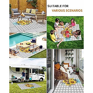 Fall Floral Thanksgiving Outdoor Rug for Patio, Large Floor Mat Sunflower Vase Grey Buffalo Plaid Non Slip Area Rug Rubber Backing Quick Dry Clearance Carpet for Camping, Garden, Deck, Porch, 5' x 8'