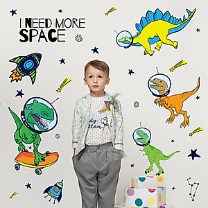 Yovkky Boys Space Dinosaurs Astronauts Wall Decal, Peel Stick Funny Dino Animal Planet Sticker Nursery Rocket Spaceship Decor, Home Baby Room Decorations Kids Bedroom Playroom Art Party Supply Gifts