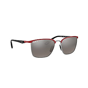 Ray-Ban RB3673M Scuderia Collection Square Sunglasses, Red Ferrari On Silver/Chromance Grey Mirrored Grey Gradient Polarized, 56 mm