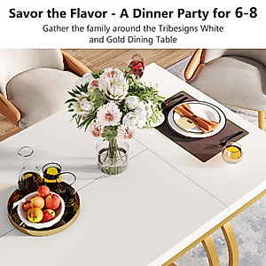Tribesigns Modern Dining Table, 70.9 inches Wood Dinner Room Table for 6-8 People, Rectangular Kitchen Table with Gold Metal Circular Base for Kitchen, Dining Room, Living Room, White & Gold