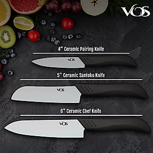 Vos Ceramic Knife Set | Ceramic Knives Set For Kitchen | Ceramic Kitchen Knives With Covers | Ceramic Paring Knife 4", 5", 6" Inch (Black)