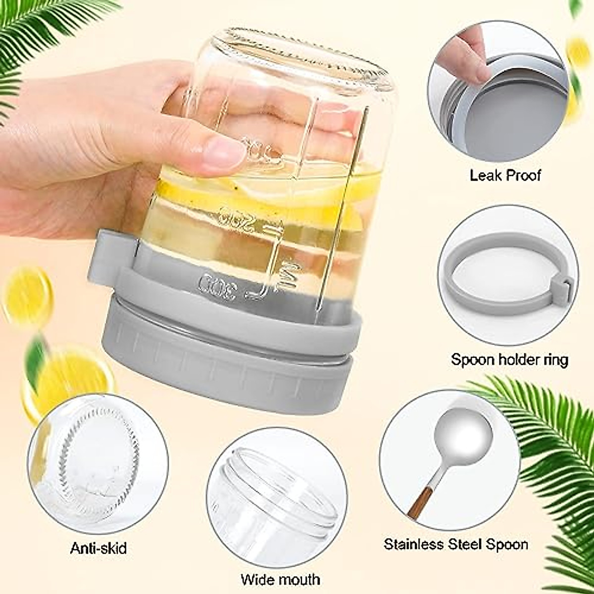 Tekuve 4 Pack Overnight Oats Containers with Lids and Spoon, 16 oz Glass Mason Jars with Airtight Lid for Overnight Oats Meal Prep Chia Yogurt Salad Fruit Gray White