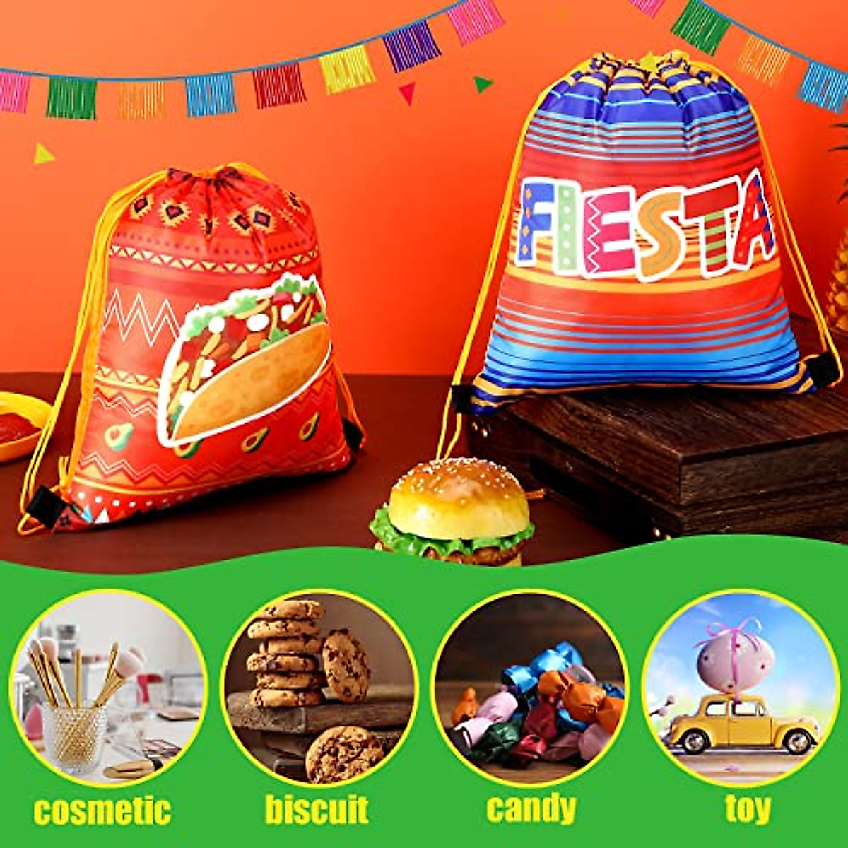 24 Mexican Fiesta Party Favor Drawstring Bags for Kids