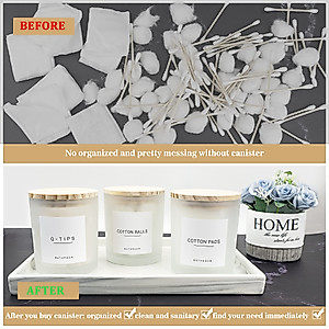 Ezebesta 3PCS Modern 13.53oz Transparent Bathroom Canisters with 12 Labels & Wooden Lid Thick Glass Jar Set Qtip Holder for Cotton Ball & Pads Storage Organization Minimalist Decor